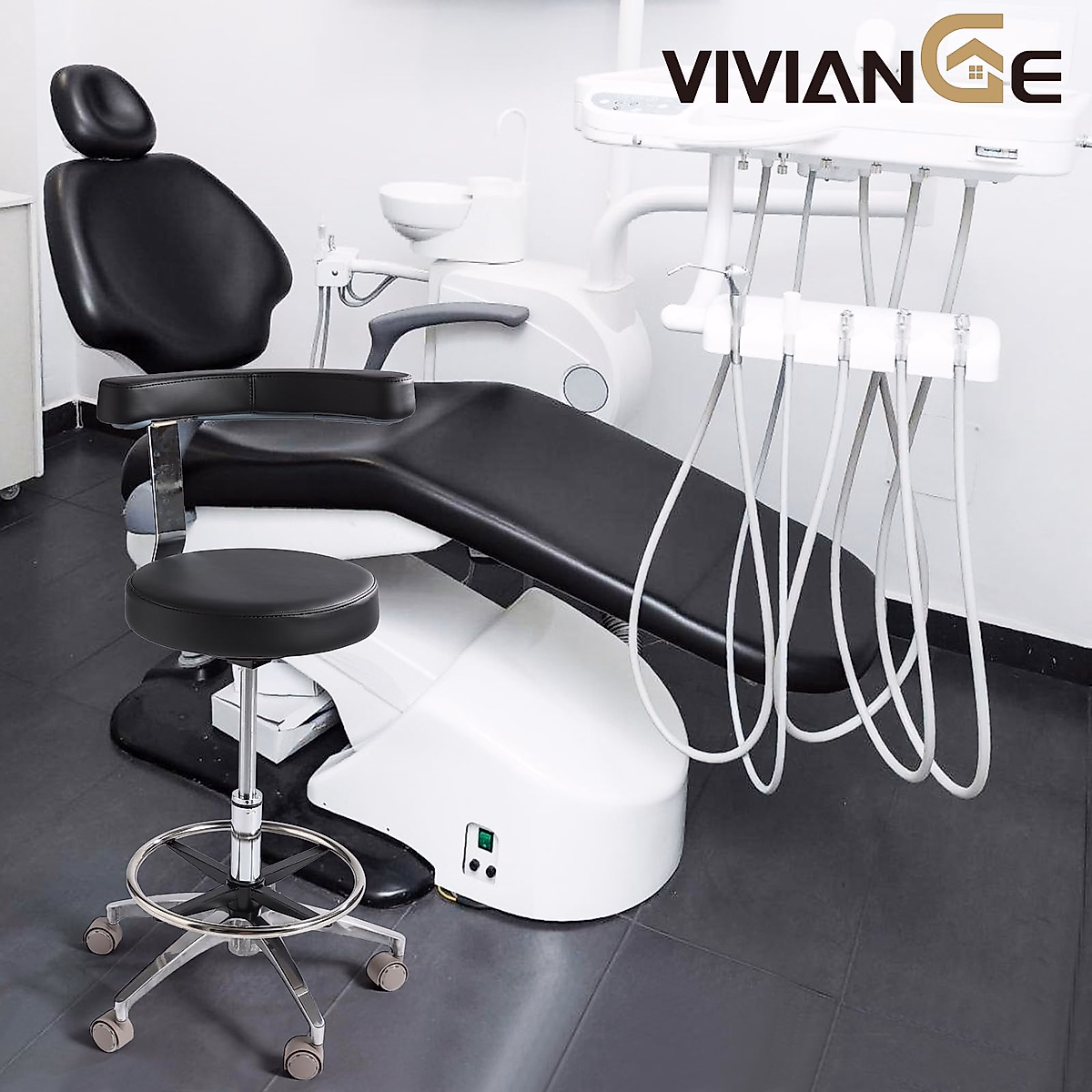 Viviange Adjustable Ergonomic Dental Stool with Back Support - Rolling Dentist Chair for Hygienists, Assistants, and Medical Professionals - Black