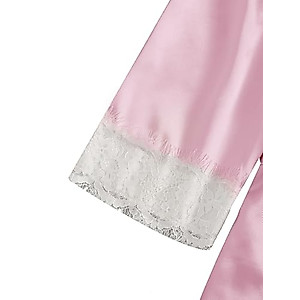 WDIRARA Women' Silk Satin Pajamas Set 4pcs Lingerie Floral Lace Cami Sleepwear with Robe Pink and White S