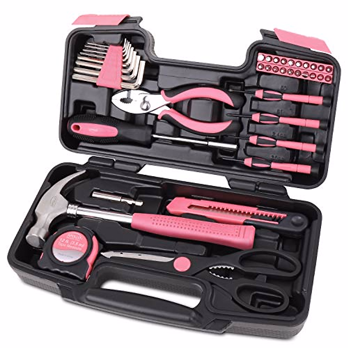 Apollo Tools Original 39 Piece General Household Tool Set in Toolbox Storage Case with Essential Hand Tools for Everyday Home Repairs, DIY and Crafts - Pink Ribbon - Pink - DT9706P