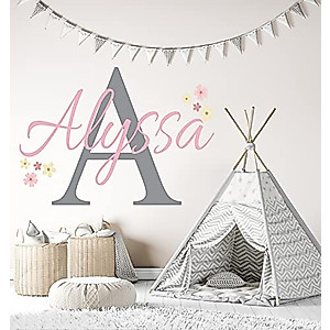 CuteDecals Custom Name and Initial with Flowers Wall Decal - Personalized & Art Mural Girls Decor Stickers for Nursery Bedroom Decoration (Mini Wide 16 inchx10 inch Height)