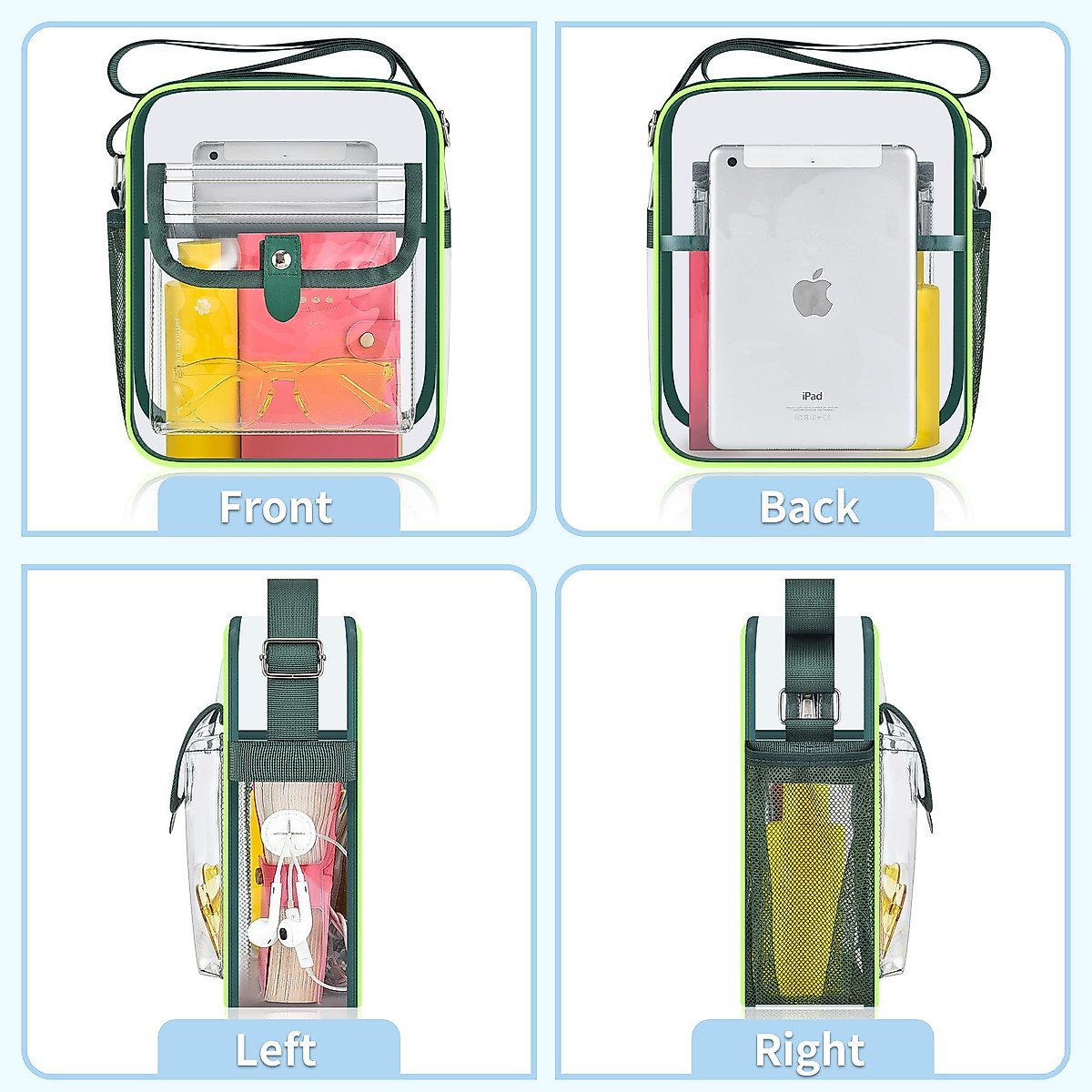 SPODEARS Clear Stadium Tote Bag for Concerts - 10.5"x8.5" Crossbody Purse with Bottle Holder & Adjustable Shoulder Strap, Green