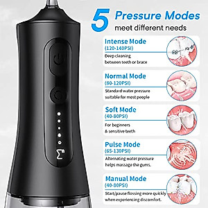 ENPULY Cordless Water Dental Flosser for Teeth Cleaning - 300ml Portable Water Teeth Cleaner Picks with 5 Modes, 5 Jet Tips, IPX7 Waterproof Rechargeable Water Flossers,Black