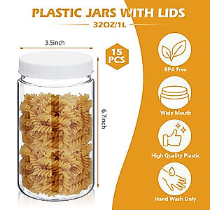 15 Pack 32 oz Plastic Jars with Lids Clear Mason Jars Large Storage Container Wide Mouth Empty Bulk for Home Food Candy Organizing Kitchen(White)