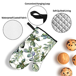 YILEQUAN Green Eucalyptus Leaves Print Oven Mitts and Pot Holders Sets,Kitchen Oven Glove High Heat Resistant 500 Degree Oven Mitts and Potholder,Surface Safe Baking, Cooking, BBQ,Pack 3 One Size