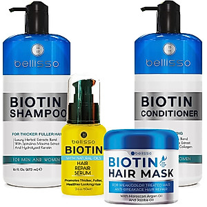 BELLISSO Biotin Hair Care Set - Shampoo, Conditioner, Mask, and Thickening Serum