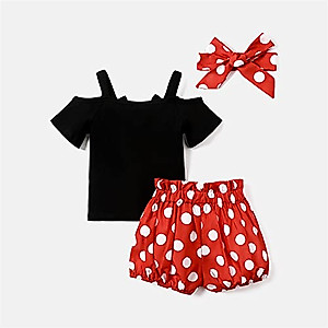 PATPAT Toddler Girl 3 Piece Outfit Button Front Short Sleeve Tee Top Shirt and Polka Dot Print Shorts Set Red 3 Years