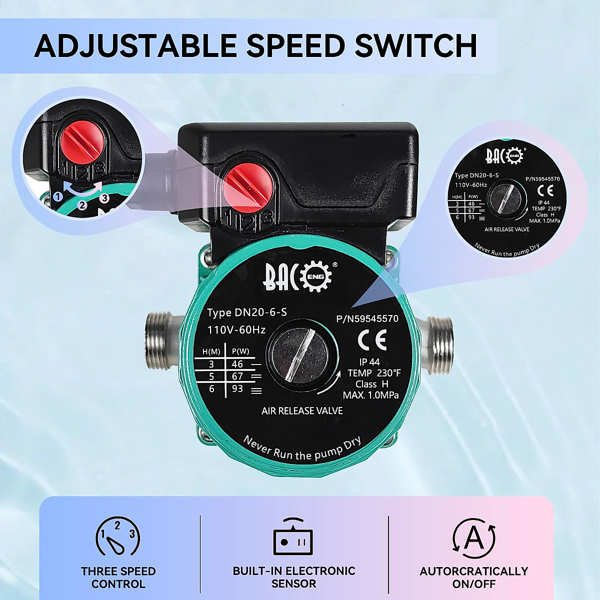 BACOENG Hot Water Recirculating Pump, Water Circulator Pump, 3/4" NPT 110V Automatic Circulating Pump Stainless Steel Head For Solar Heater (US Plug)