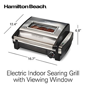 Hamilton Beach Electric Indoor Searing Grill with Adjustable Temperature Control to 450F, 118 sq. in. Surface Serves 6, Removable Nonstick Grate, Viewing Window, Stainless Steel