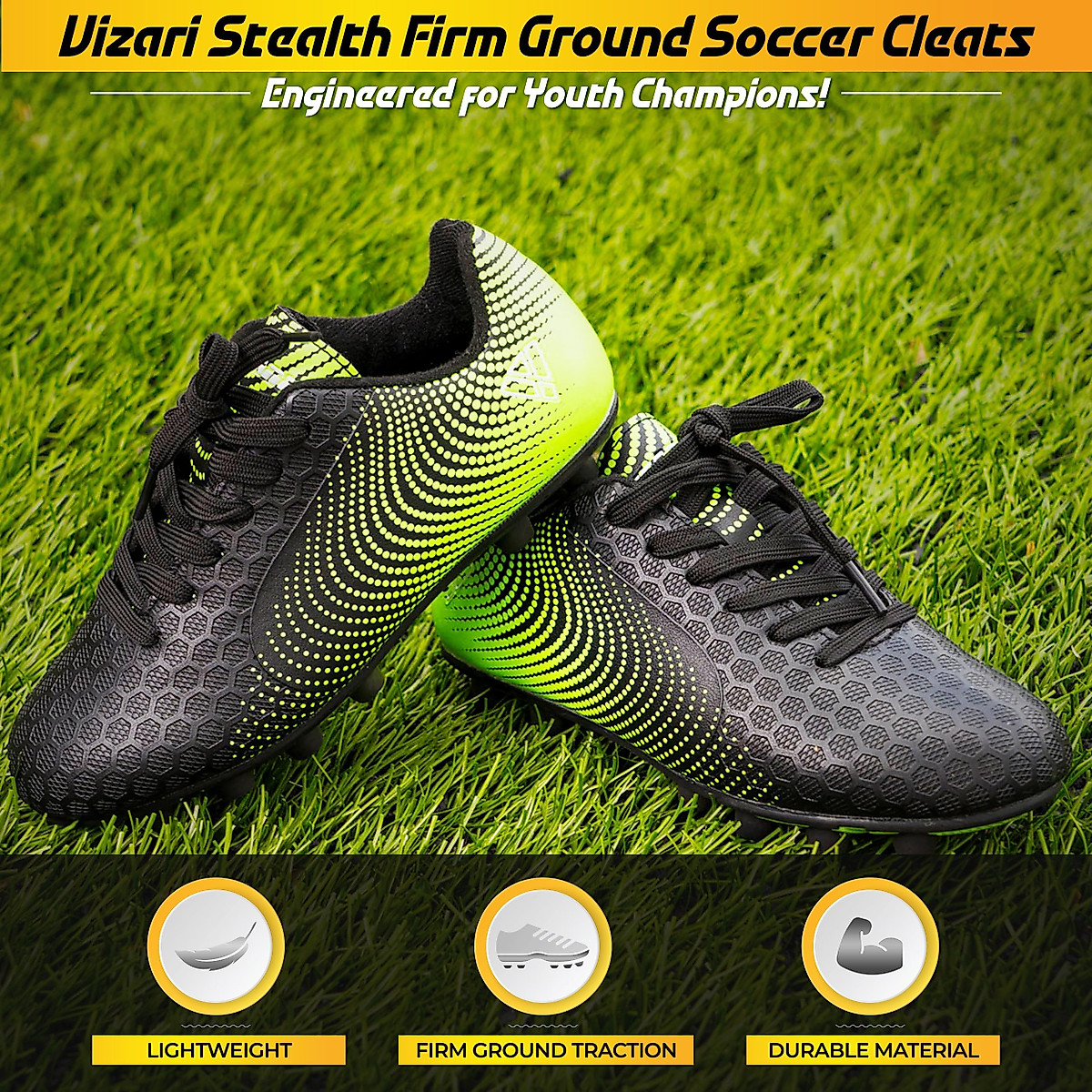 Vizari Stealth FG Soccer Shoes | Firm Ground Outdoor Soccer Shoes for Boys and Girls | Lightweight and Easy to wear Youth Outdoor Soccer Cleats | Green/Black | Little Kid