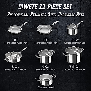 Ciwete Tri-Ply Stainless Steel Pots and Pans Set 11-PC, 18/10 Stainless Steel Induction Cookware Set with Steamer Insert, Kitchen Cookware Sets with Stay Cool Ergonomic Handles, Dishwasher, Oven Safe
