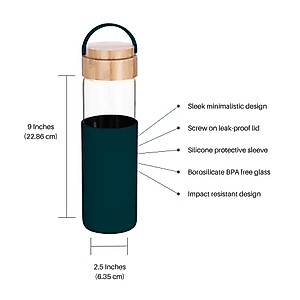 tanjoon 20 oz Borosilicate Glass Water Bottle with Leak-Proof Bamboo Lid and Silicone Handle and Protective Sleeve (TEAL) - BPA Free - Easy to Carry - Dishwasher Safe
