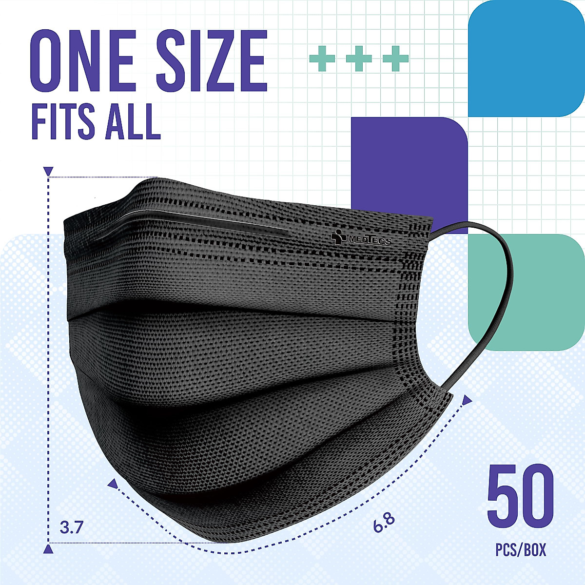 Medtecs Face Mask Disposable - 50/2000 PCS - Comfortable 3 Layer Breathable Mask, the Better Protection and Health Choice - CoverU Adult Mask - 50 PCS/Box - Black