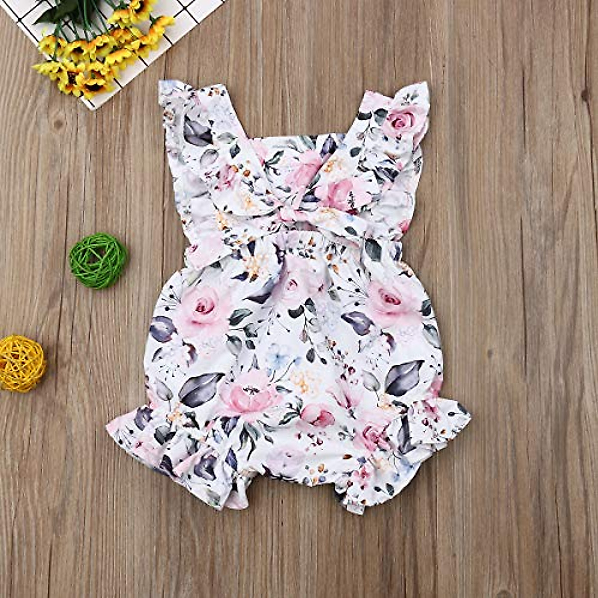 Kuriozud Newborn Infant Baby Girl Floral Ruffle Bowknot Romper Bodysuit One-Piece Jumpsuit Summer Outfits Clothes (12-18 Months, Floral)