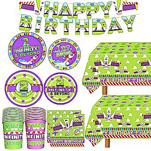 METIXOZE Two Infinity and Beyond Birthday Decorations Buzz Cartoon Light inspired Year Toy Inspired Story Birthday Party Supplies 2nd Birthday include Banner Table Cloth Plate Napkins and Cups