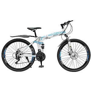 GMSLuu 26 Inch Folding Mountain Bike, 21 Speed Full Suspension High-Carbon Steel MTB Foldable Bicycle, Dual Disc Brake Non-Slip Folding Bikes, Mountain Bicycle for Adults/Men/Women