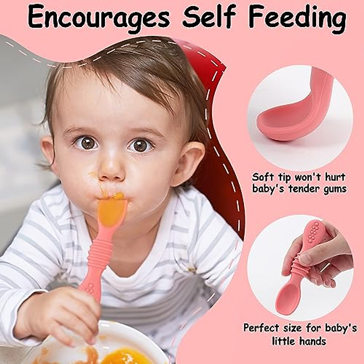 Baby Spoons Self Feeding 6 Months - 7 Pack Silicone First Stage Infant Training Spoons, Baby Led Weaning Untensils for Toddlers, BPA-Free Rainbow Chewable Teething Spoons for Kids - Dishwasher Safe