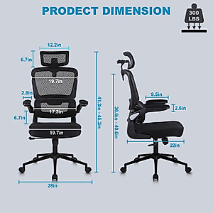 Nusetx Ergonomic Office Chair, Adjustable Home Computer Desk Chair with Lumbar Support, Headrest, Flip-Up Armrests, High-Back Mesh Executive Task Chair (1 Pack, Black)
