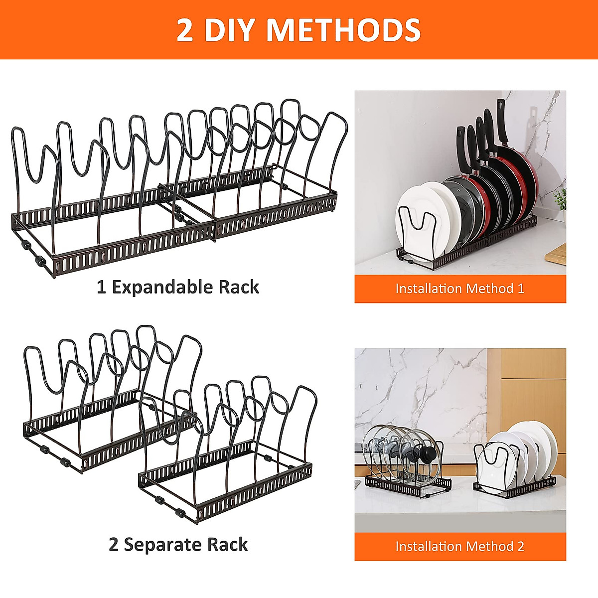 ROOHUA Pot Rack Organizer -Expandable Pot and Pan Organizer for Cabinet,Pot Lid Organizer Holder with 10 Adjustable Compartment for Kitchen Cabinet Cookware Baking Frying Rack,Bronze