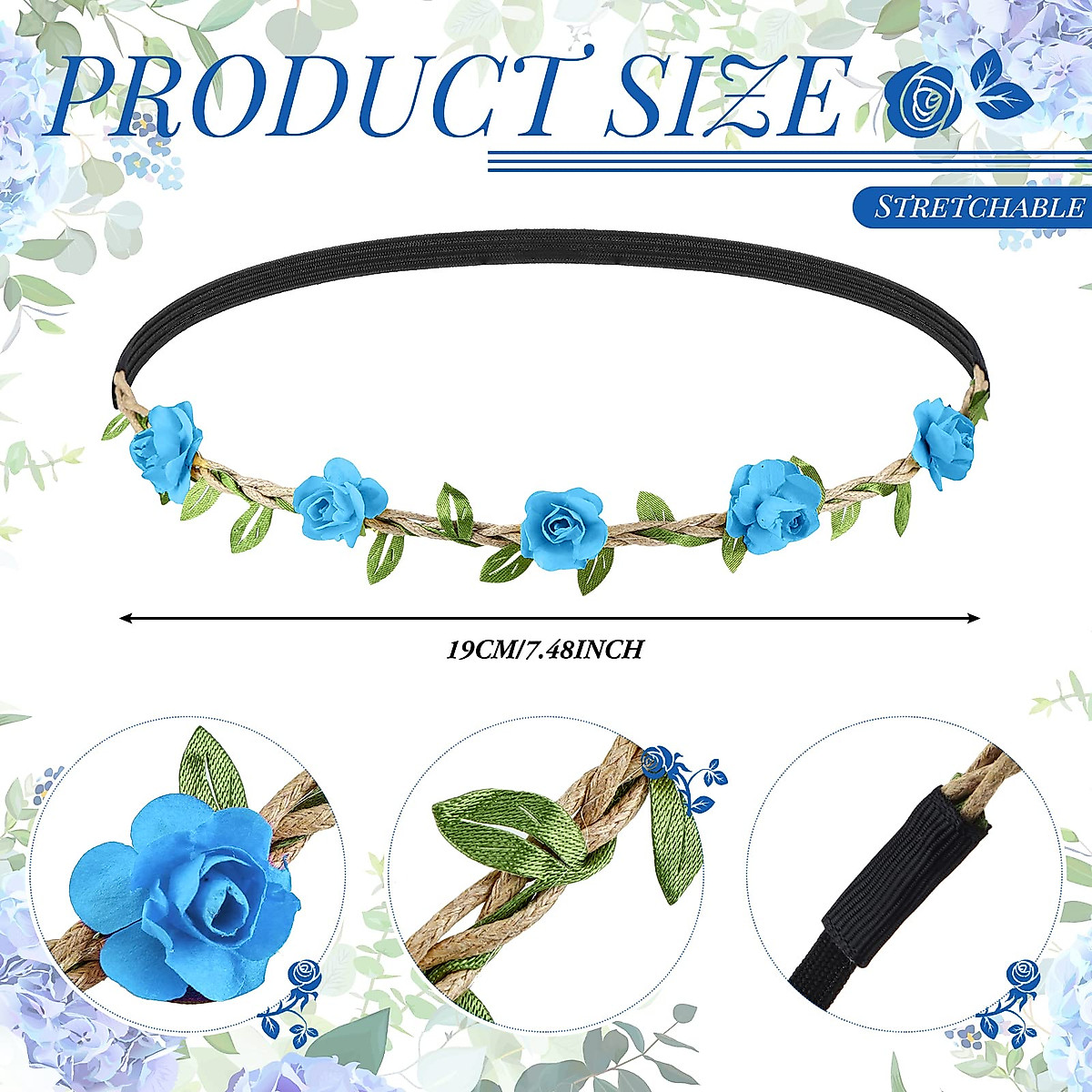 Chuangdi 50 Pcs Multicolor Flower Headband, Floral Crowns Wreath Garland, Bohemian Fairy Ribbon Hair Band for Girl Women, Wedding, Vacation, Party, Daily Wear