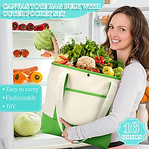 Sanwuta 16 Pack Polyester Canvas Tote Bags Bulk with Outer Pocket Extra Large Reusable Grocery Shopping Travel Blank Tote Bag for Women Mother, 17.7 x 4.7 x 13.8 Inches