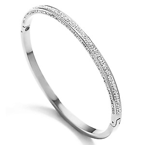 JewelryLand Rose Gold/Gold/Silver Titanium Stainless Steel Pave Cubic Zironia Simulate Diamond Stackable Oval Hinged Bangle Bracelet 6.5"-7" (6.5" Silver)