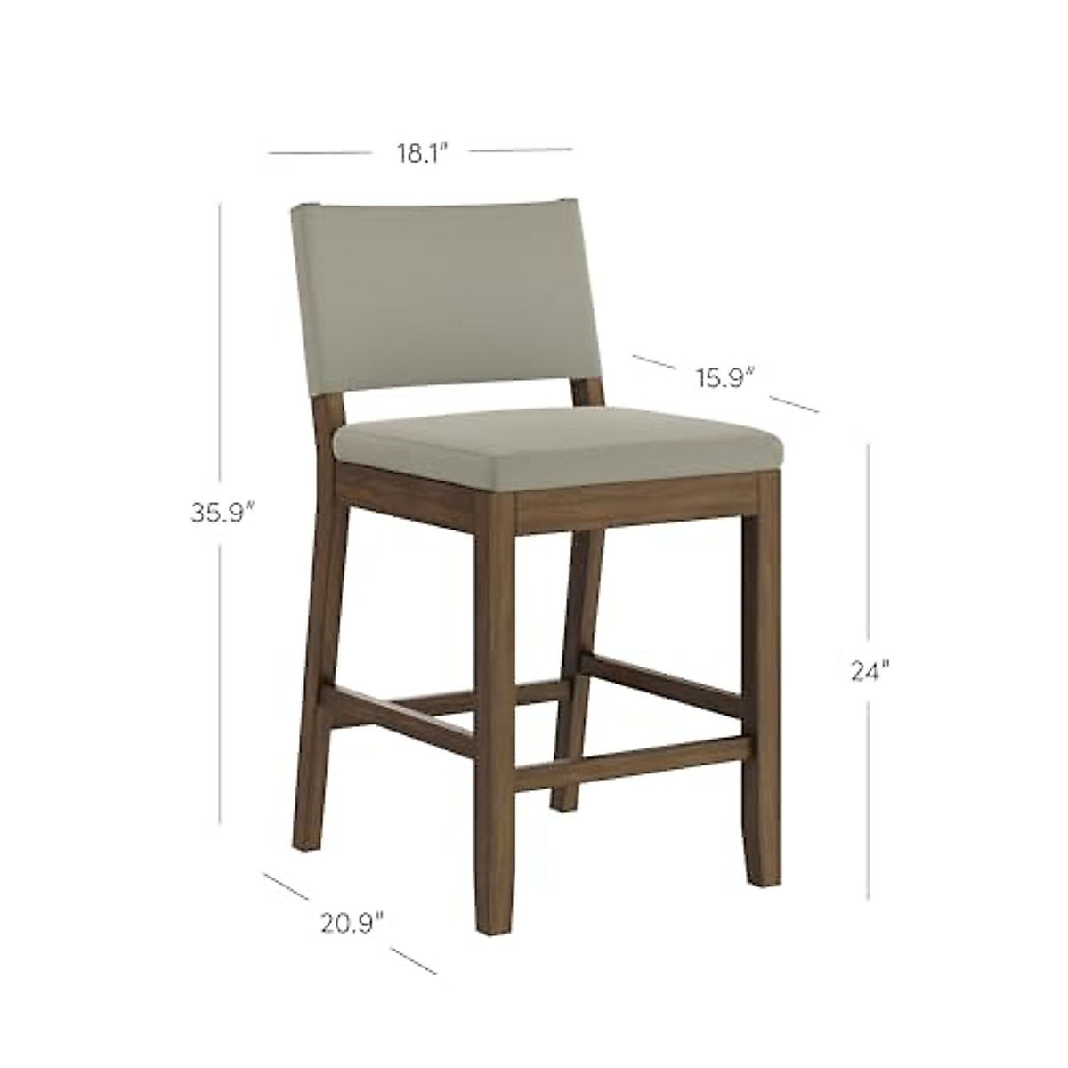 Nathan James Linus Modern Upholstered Counter Height Bar Stool with Back and Solid Rubberwood Legs in a Dark Brown Wood, Natural Light Grey/Brown, Set of 4