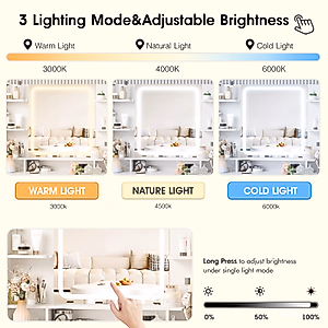 Vabches Vanity Desk with Lighted Mirror & Power Strip,Makeup Vanity with 5 Drawers & 6 Storage Shelves,White Vanity Table with RGB Glass Cabinet,46.6" W Large Dressing Table for Bedroom