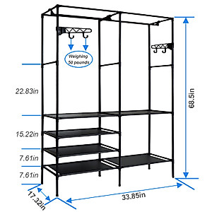 Clewiltess Garment Freestanding Clothes Organizer Closet, Metal Hanging Storage Organizer Rack Wardrobe with Shelves& Hanging Rods,Clothes Hanger Organizer (Black)
