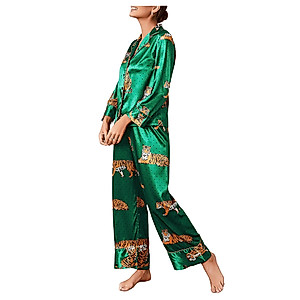 WDIRARA Women's Sleepwear Striped Satin Short Sleeve Shirt and Pants Pajama Set Green Tiger M
