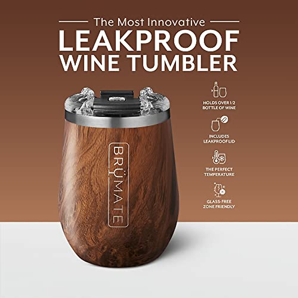BrüMate Uncork'd XL MÜV - 100% Leak-Proof 14oz Insulated Wine Tumbler with Lid - Vacuum Insulated Stainless Steel Wine Glass - Perfect For Travel & Outdoors (Walnut)