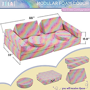 jela Kids Couch Extended Size 10PCS with futons, Floor Couch Floor Sofa Modular Furniture for Kids and Adults, Modular Foam Play Couch, Modular Sectional Sofa （Rainbow）