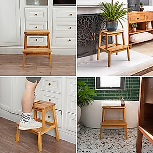 2 Step Ladder Stool Hard Wood,JULYFOX 20 inch Height Non-Slip Bed Stepstool with Anti-Slip Bottom Bathroom Stool Wood Step Stairs 350lbs Heavy Duty for Adults Kids