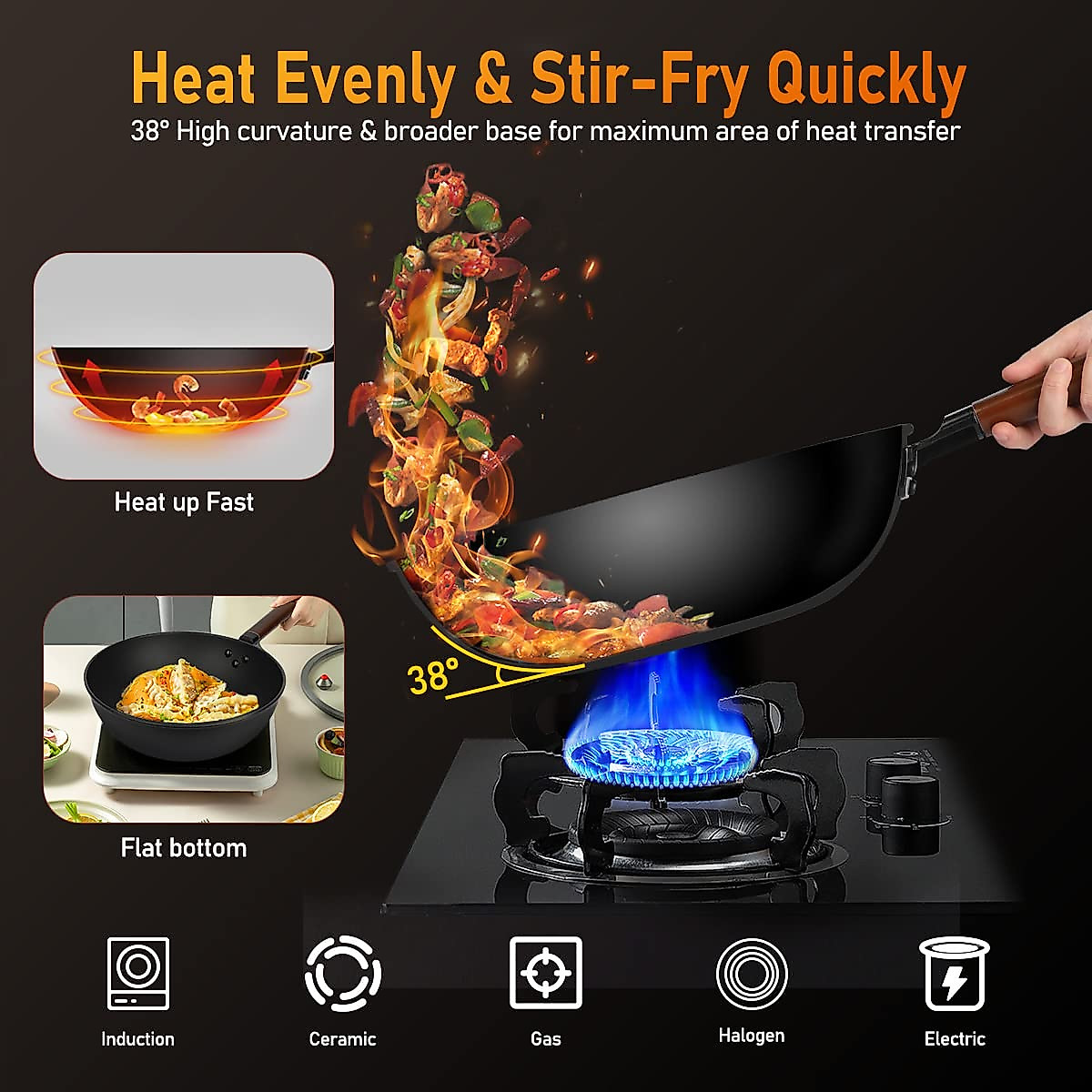 HIHEGD Carbon Steel Wok, 13 Inch Wok Pan with Lid Woks & Stir-Fry Pans with Spatula, No Chemical Coated Flat Bottom Wok for Induction, Electric, Gas Stove, All Stoves