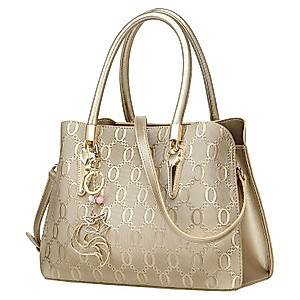 FOXER Designer Chain Pattern Tote Bag with Adjustable Strap and Top Handle - Cow Leather Ladies Handbag with Lock in Gold