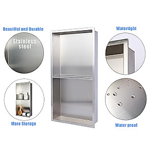 IKITRAEE Finished Shower Niche for Bathroom Storage,No Tile Needed,Recessed Wall Niche,Double Layer Storage,Made of Stainless Steel,24 in X12 in X4 in，Primary Color Brushed