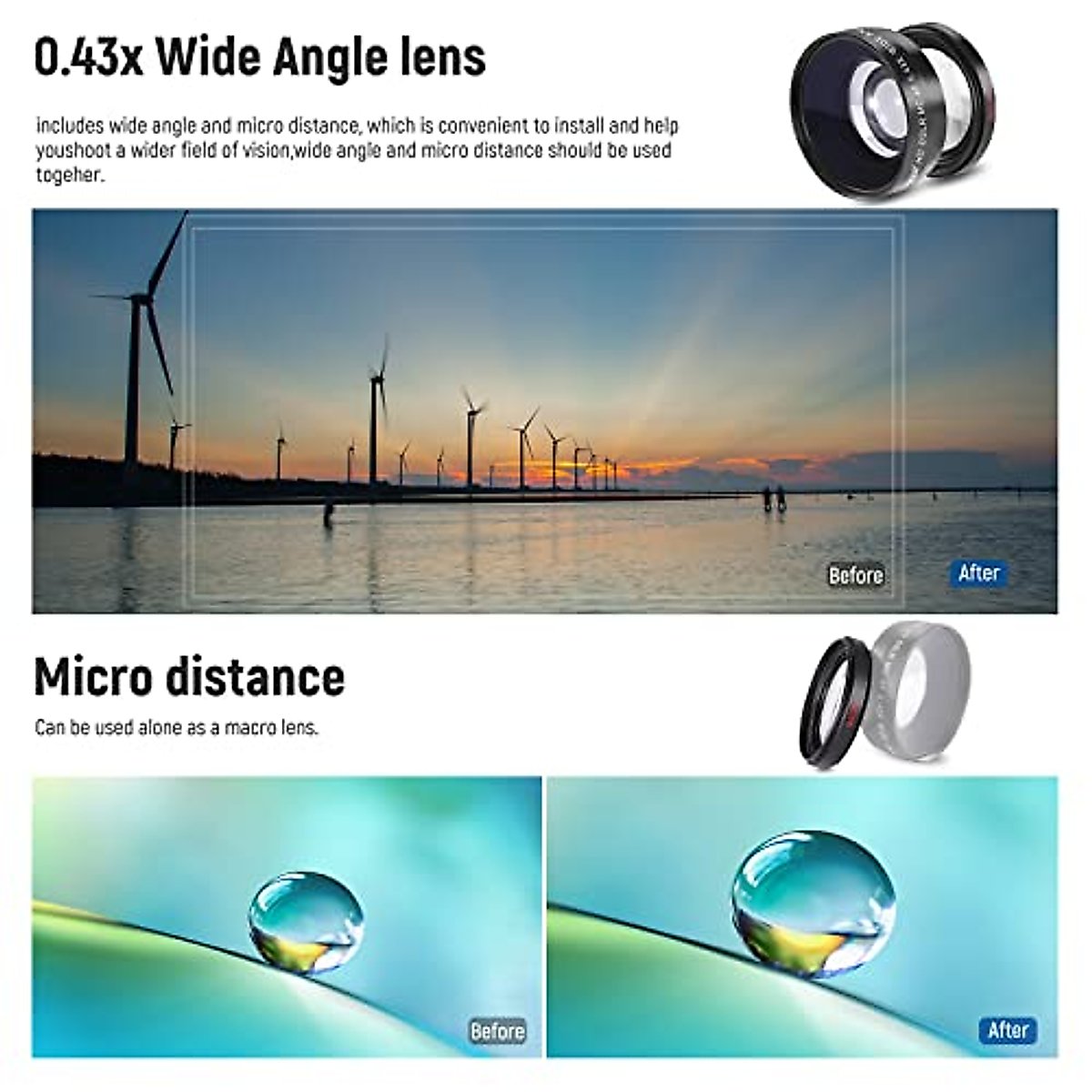 NEEWER 58mm Lens and Filter Set: Wide Angle/2.2X Telephoto Additional Lens for 18mm-85mm APS-C Lens, (+1+2+4+10) Close Up Macro/ND/UV/CPL/FLD Filters for Camera Lens with ⌀58mm Thread