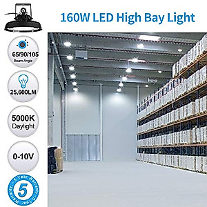 Miiruop UFO LED High Bay Light,160W Coollight 25,600lm 5000K 0-10V Dimmable [Adjustable Beam Angle 65/90/105] IP65 Waterproof,600W HID Replacement,5-Year Warranty US Plug,Warehouse/Wet Location Area