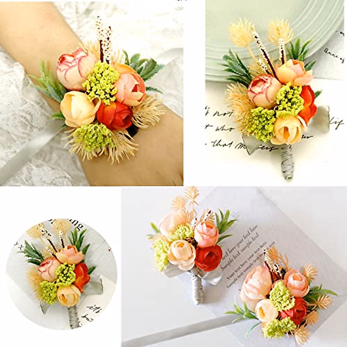 Yedadone Corsage and Boutonniere Set Handmade Artificial Wrist Corsage Peony Rose Wristlet and Groom Boutonniere for Wedding Flowers Accessories Prom Suit Decorations (Orange)