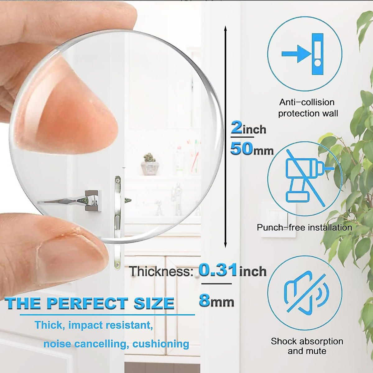 FXHDC-M 6 Pieces Wall Door Handle Stoppers - 2" Round Clear Soft Rubber Wall Protectors for Door Bumpers - Self Adhesive Door Knob Wall Shield for Home and Office Protective Wall Guards