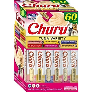 INABA Churu Cat Treats, Grain-Free, Lickable, Squeezable Creamy Purée Cat Treat/Topper with Vitamin E & Taurine, 0.5 Ounces Each Tube, 60 Tubes, Tuna Variety Box