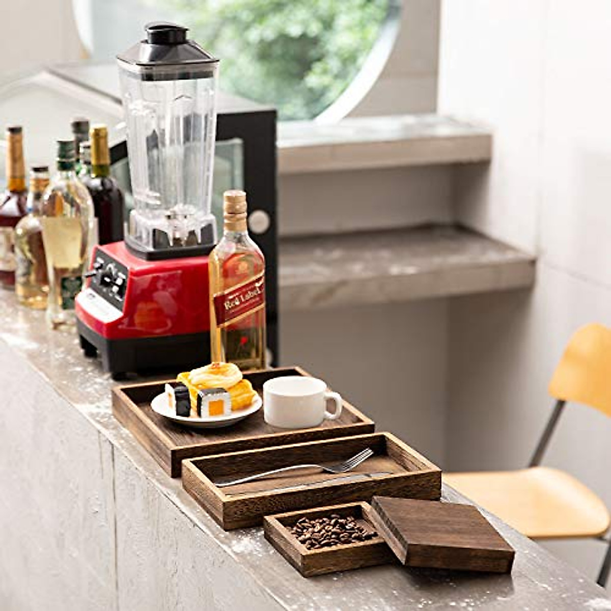 Rustic Wooden Serving Trays with Handle - Set of 7 - Large/Medium/Small/Mini-Nesting Multipurpose Trays - for Breakfast, Coffee Table/Butler & More