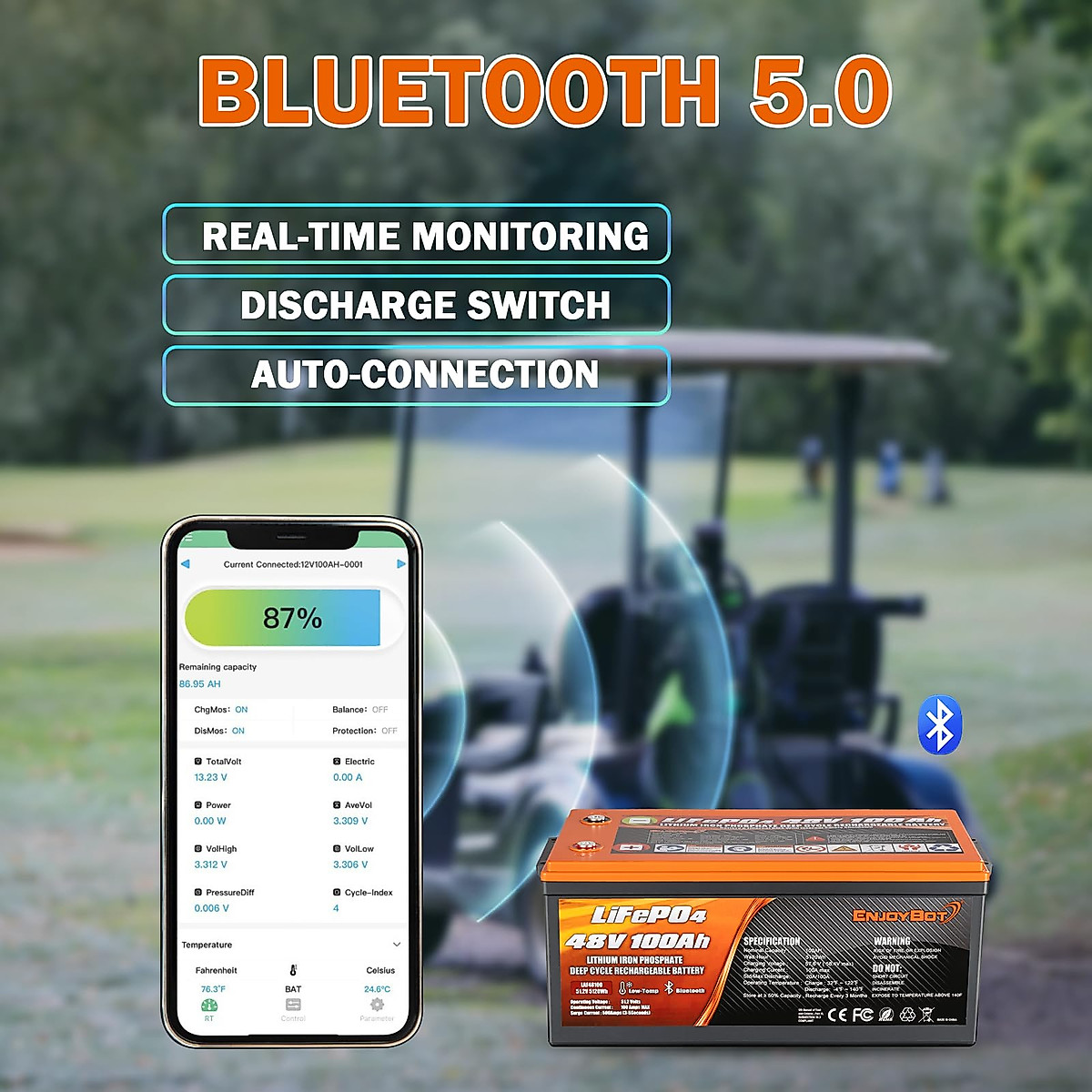 Enjoybot 48V 100Ah LiFePO4 Lithium Battery, Built-in 100A BMS and Bluetooth, Low Temperature Cut-Off Function and Peak Current 500A Perfect for Golf Cart Solar Off-Grid RV Camper, Home Energy Storage