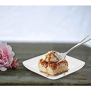 40 2.5" Mini Square Dessert Plates And 50 4" Mini Silver Tasting Forks. 90 Piece Tasting Sampling Dessert Appetizer Set. Disposable Plastic Hors D'oeuvres Combo Set.