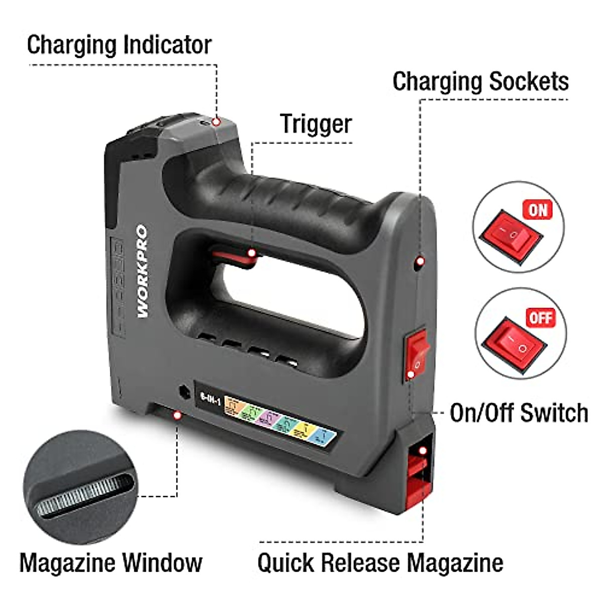 WORKPRO 6 in 1 Cordless Staple Gun, 3.6V Rechargeable Electric Stapler, Charger Included, Staples Excluded