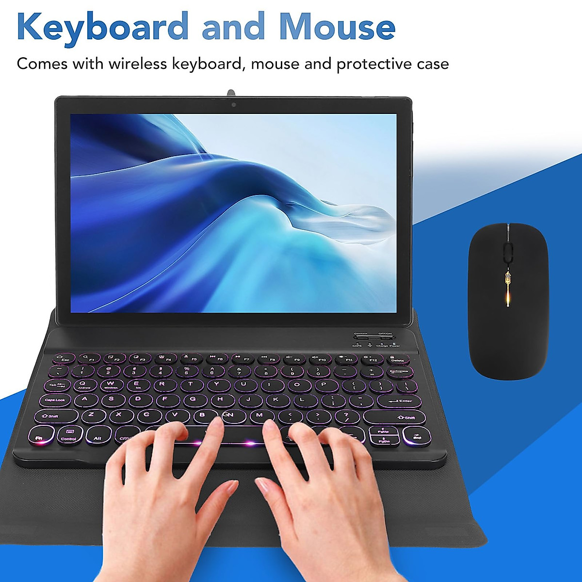 Pssopp Tablet PC, Gaming Tablet 8800mAh 3 Card Slots with Keyboard and Mouse for School (Blue)