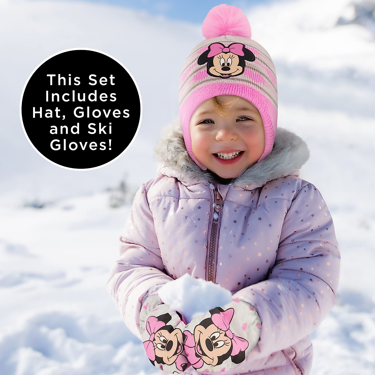 Disney Girls Toddler Winter Hat with Knit and Insulated Ski Mitten Set, Minnie Mouse For Ages 2-4