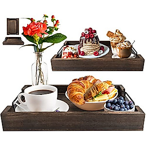 Rustic Wooden Serving Trays with Handle - Set of 2 - Large and Small, Nesting Multipurpose Trays - for Breakfast, Coffee Table/Butler & More - Rustic Brown