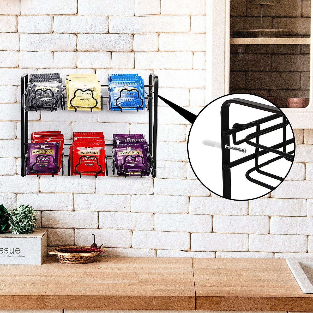 Dicunoy Tea Bag Organizer Rack, 120 Tea Bags Storage Holder, Wall Mounted 2 Tier Stainless Steel Tea Bags Caddy Stand for Coffee, Cabinet, Cupboard, Pantry, Counter Top Organizing