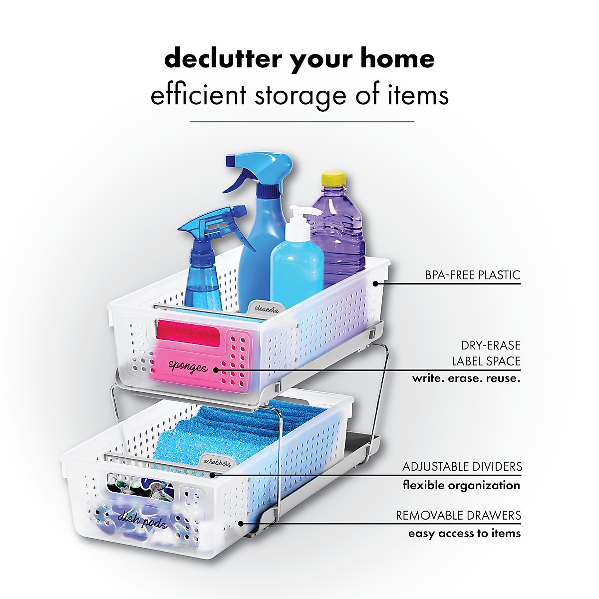 madesmart Stackable 2-Tier Organizer, Multi-Purpose Slide-Out Storage with Extra Set of Legs, Handles and Dividers for Home and Bath, BPA Free, Frost