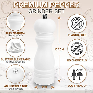 Salt and Pepper Grinder Set of 2 - Wood Salt and Pepper Mill with Adjustable Coarseness Ceramic Core - Manual Salt Grinders Refillable Spice Mills - Pepper Shakers for Sea Salt/Chili/Sesame, 6.5 Inch